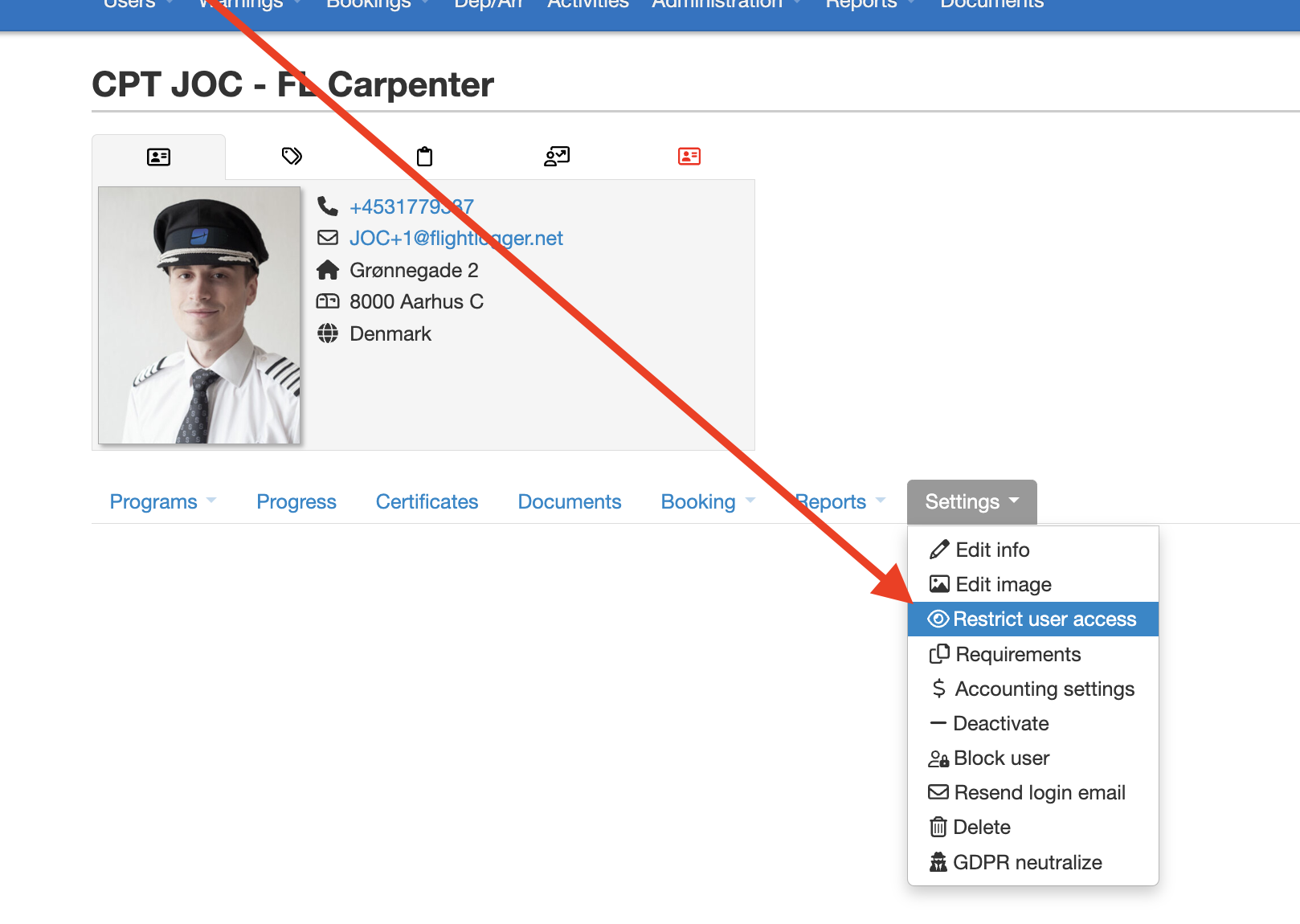 Restricting user access for individual users